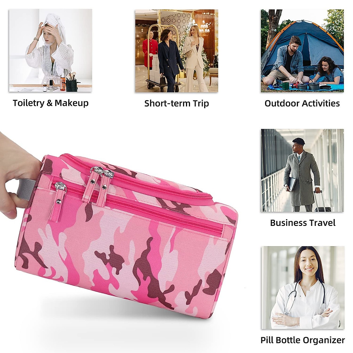 Buruis Travel Toiletry Bag for Men and Women, Hanging Toiletry Organizer Cosmetics Makeup Bag, Water-resistant Dopp Kit Shaving Bag, Small Toiletry Bag for Travel Essentials, Accessories (Camo Pink)