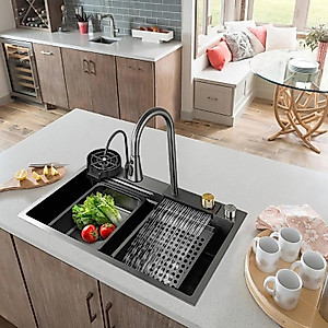 Waterfall Kitchen Sink, Single Bowl Stainless Steel Kitchen Sink,Drop-in Kitchen Sink 29.52