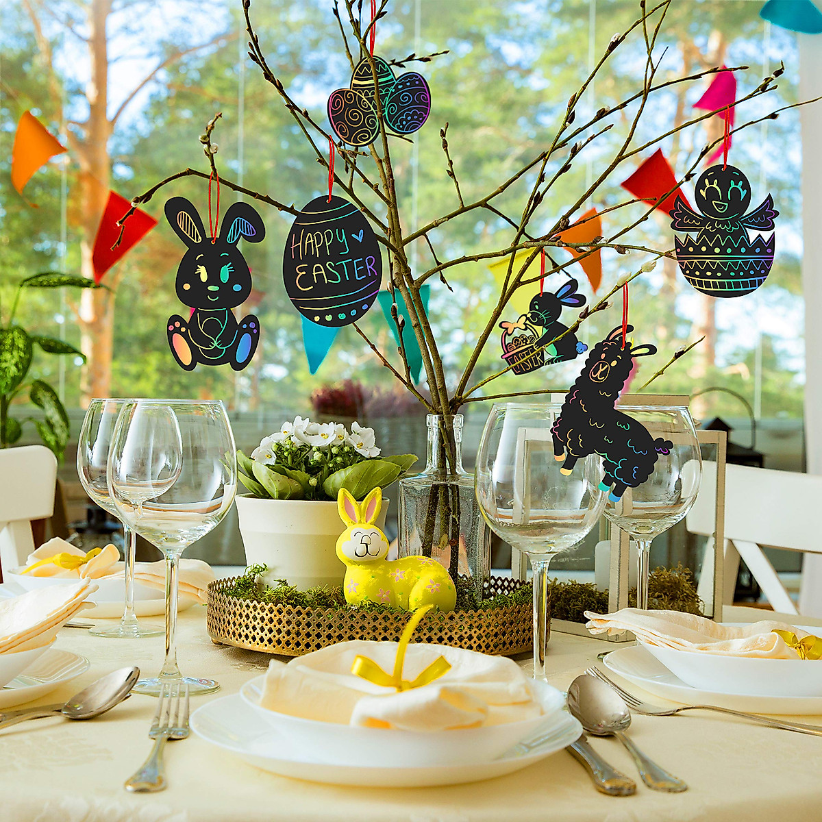 JOYIN 36 PCs Easter Rainbow Scratch Cards Craft Art Set for Kids Including Scratch Card 24 Pendants, 6 Bracelets, 6 Bunny Masks, Kids Easter Craft Kit