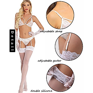 Women Lingerie with Stockings and Gloves,Garter Belt Lingerie Set White 2XL