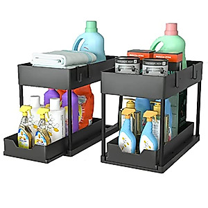 2 Pack Under Sink Organizer Storage with Sliding Cabinet Basket 2 Tier Multi-Purpose Under Sink Organizer and Storage for Bathroom Kitchen with 4 Hooks,2 Pack,Black