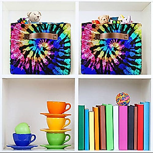 Gougeta Foldable Storage Basket with Handle, Tie Dye Rainbow Colorful Rectangular Canvas Organizer Bins for Home Office Closet Clothes Toys 2 Pack
