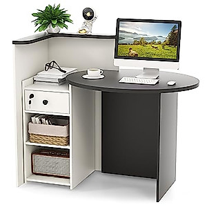 Tangkula Reception Desk, Front Counter Desk with Lockable Drawer & Adjustable Shelf, Oval Desktop, Retail Counter for Checkout, Computer Workstation for Salon Lobby Office, Home Office Desk