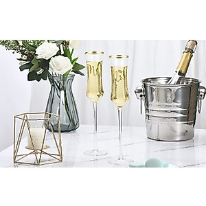 ROXBURGH Champagne Flutes Glasses Set of 2, Hand Blown Crystal Wedding Toasting Flutes for Bride and Groom, Long Stem Mr and Mrs Champagne Glasses for Wedding Engagement Anniversary Christmas Gifts