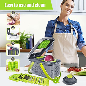 WTASUP Vegetable Cutter, Upgraded 22 Piece Kitchen Mandoline Slicer Grater, Dicer Chopper Cutter, Drain Basket, Kitchen Gadget Set with Containers, Kitchen Storage, Mother's Day Gift, Holiday Gift