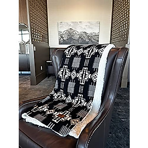 Inca Aztec Sherpa Weighted Warm Blanket | Southwest Indian Navajo Boho Style | Native Woven Western Cozy Bedding Cover | Plush Faux Alpaca | Luxurious Winter Blanket (Obsidian Black)