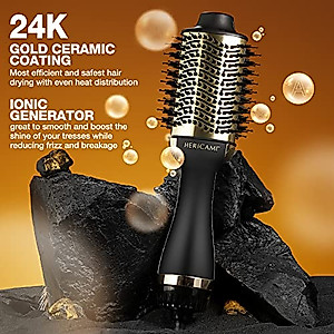 Professional Blowout Hair Dryer Brush, Pro 24K Gold One Step Hot Air Brush & Volumizer, Hair Straightener Brush and Hair Dryer Brush for Women