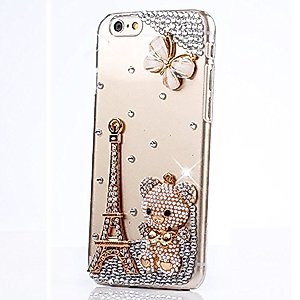 STENES iPod Touch 5/6th Case - [Luxurious Series] 3D Handmade Shiny Crystal Sparkle Bling Case with Retro Bowknot Anti Dust Plug - Crystal Eiffel Tower Bow Tie Pearl Bear Butterfly