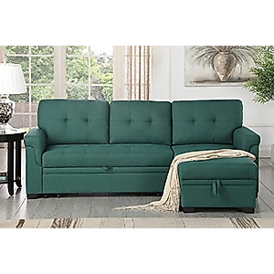 Lilola Home Linen Reversible Sleeper Sectional Sofa with Storage Chaise, Green
