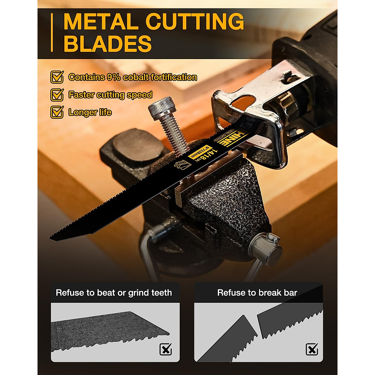 Goshine 25 Pack 9 inch 14/18TPI Bi-Metal Auto Dismantling Reciprocating Saw Blades for 1/16-5/16 Medium Metals,9" Cobalt Teeth sawzall Blades Metal