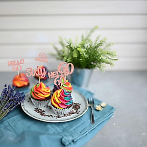 Gyufise 24Pcs Rose Gold Glitter 60th Birthday Cupcake Toppers Hello 60 Sixty Cake Toppers 60 & fabulous Cupcake Picks 60th Birthday Cake Decorations Supplies