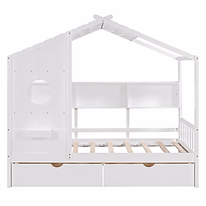 Guxeei Twin Size Wooden House Bed with 2 Drawers, Modern Design Kids Bed Frame with Storage Shelf for Kids Teens Adults, Wood Slat Support, No Box Spring Needed, Easy Assembly (White)