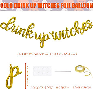 Drink Up Witches Script/Cursive Gold Letter Balloons, 18 Inch Halloween Party Decoration Foil Balloon Garland for Outdoor Indoor Bathroom Yard Window Wall Home Room Table Bedroom Party Favors Supplies