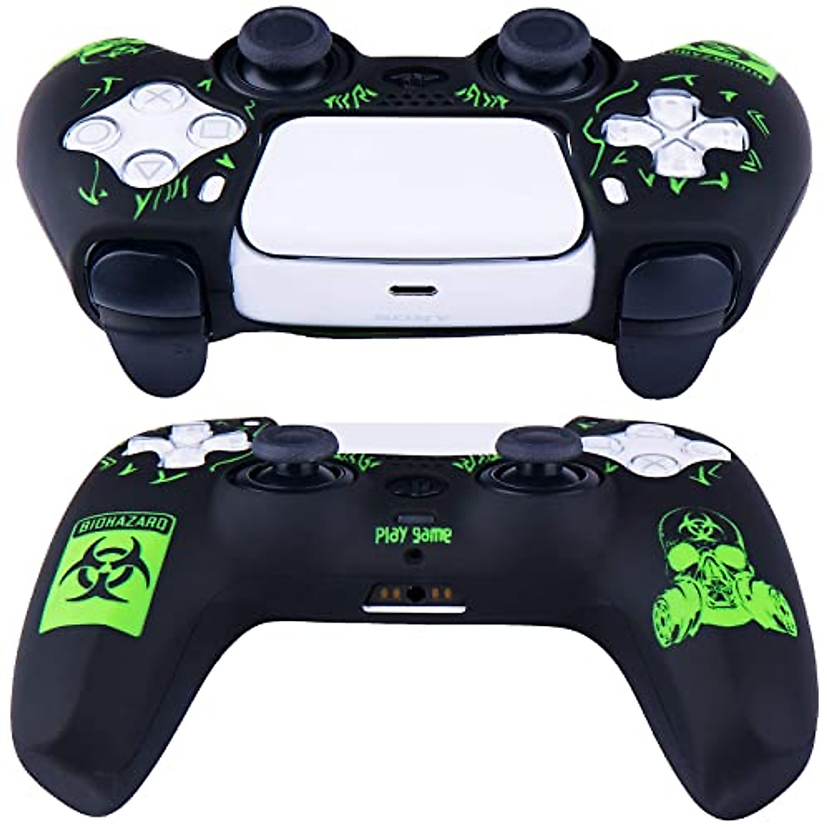 YoRHa Silicone Rubber Back Dots Carving Customizing Skin Cover for PS5 Dualsense Controller x 1(BH Green) with Pro Thumb Grips x 10
