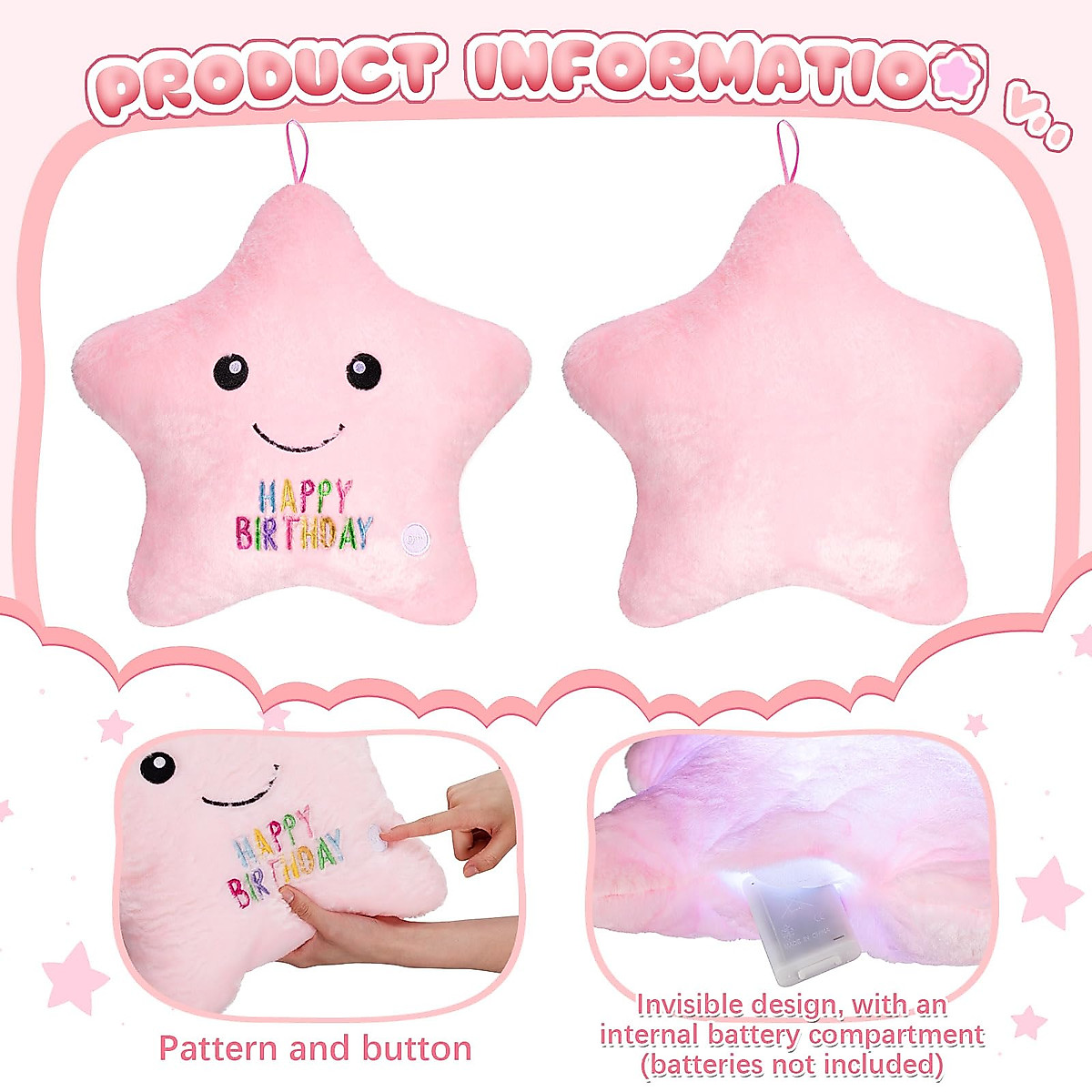 Lineshading 15'' Twinkle Plush Pillows LED Happy Birthday Star Pillow Sensory Light up Plush Toys Night Lights Star Shaped Stuffed Pillow Pink Glowing Birthday Gift for Birthday Gifts Party Favors