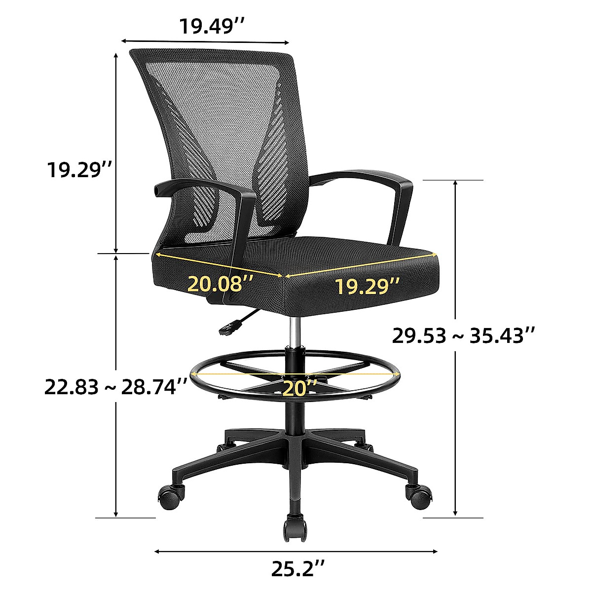 Furmax Drafting Chair Tall Office Chair with Ergonomic Back Drafting Table Chair Adjustable Standing Desk Chair with Footrest Ring and Arms