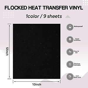 HTVSTD Flocked HTV Heat Transfer Vinyl - 9 Sheets, 12 * 10 inches Black Flocked Iron On Vinyl for T-Shirts