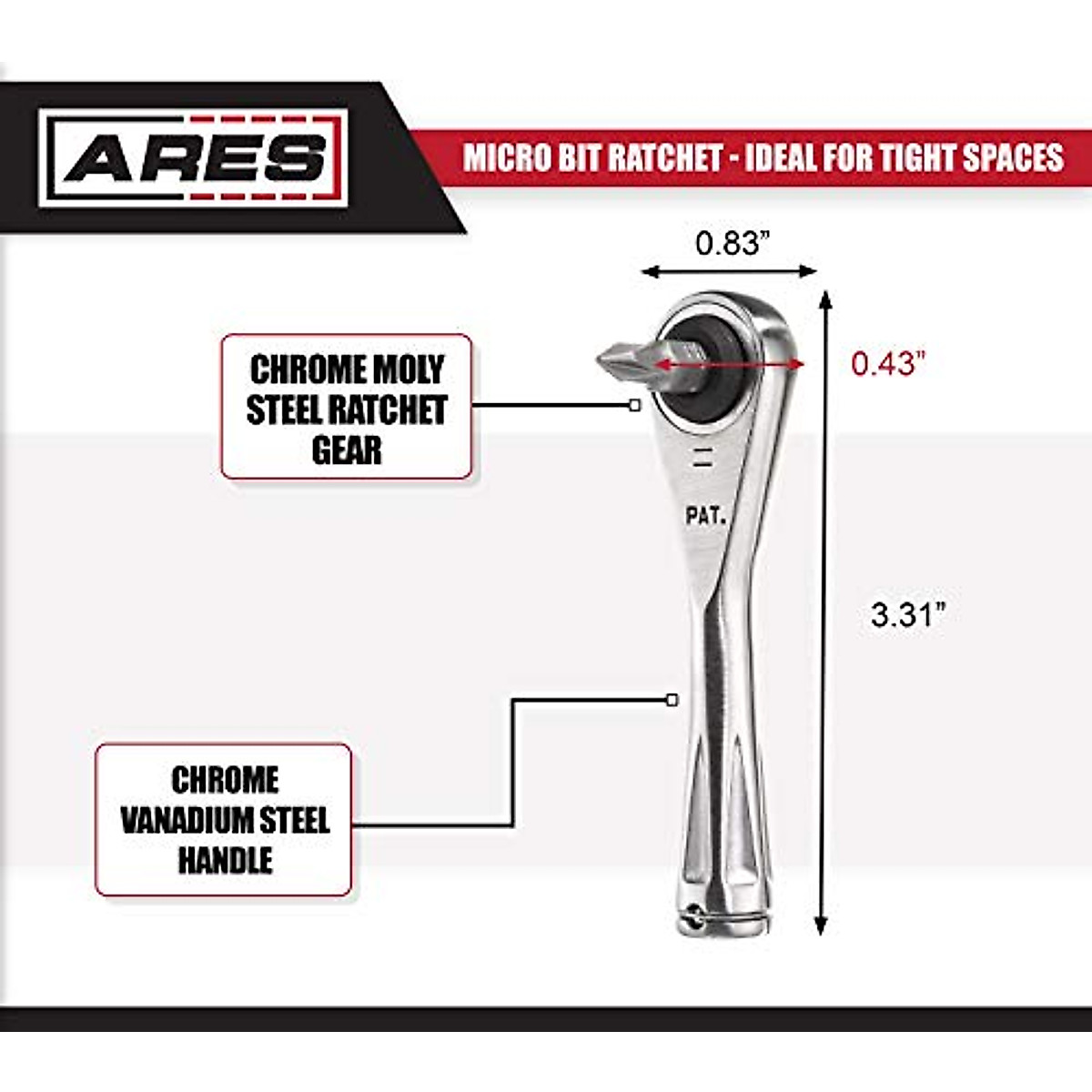 ARES 70040-1/4-Inch Drive Close Quarter Micro Bit Ratchet | Mini Screwdriver with High Torque 72-Tooth Gearhead - 5 Degree Sweep - Spring Loaded Detent Ball Bit Holder