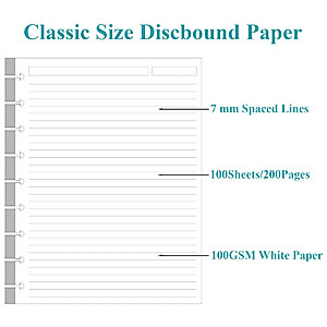 ZGMJ Classic Size Discbound Lined Refill Paper, 9-Disc Discbound Pre-punched Happy Planner Inserts, 100Sheets/200Pages Loose-Leaf Paper, 100gsm White Paper, 7x9.25 in