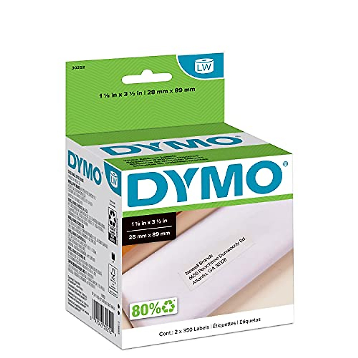 DYMO 30252 LW Mailing Address Labels for LabelWriter Label Printers, White, 1-1/8'' x 3-1/2'', 2 Rolls of 350