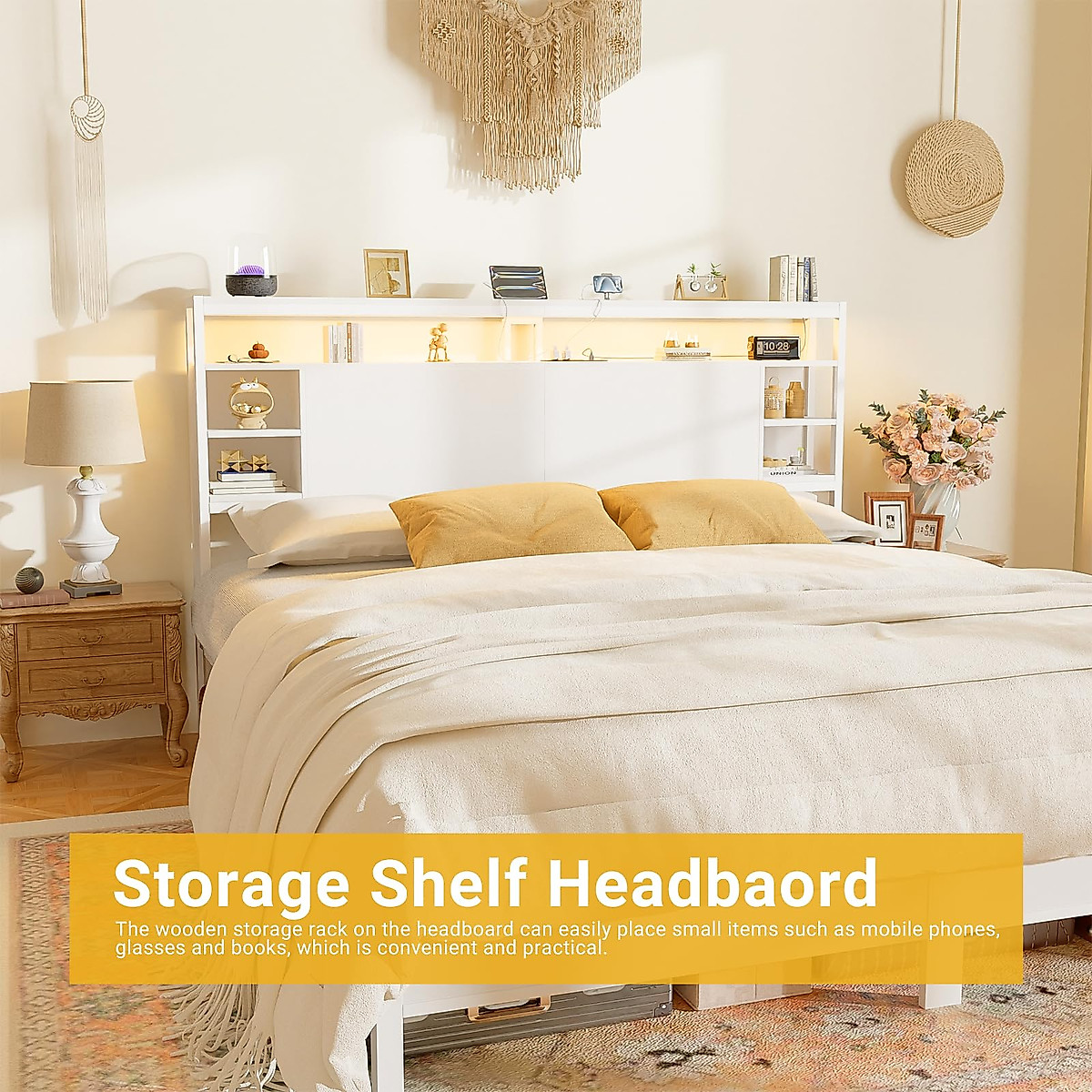 Unikito King Size Headboard with Storage, Headboards with Power Outlets and RGB LED Light, Sturdy Head Board for King Size Bed, Stable King Headboard Only for Bedroom, Dorm Room, Guest Room, White