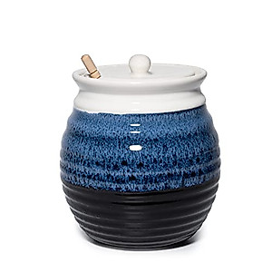 Honey Jar Pot By Gute 6"H - Elegant & Modern Ceramic With Dipper & Lid Rosh Hashanah Gift - Home Kitchen Honey and Syrup, Gorgeous Blue Beehive Honey Jar, Great For Jam, Jelly, 14oz (Ocean Blue)