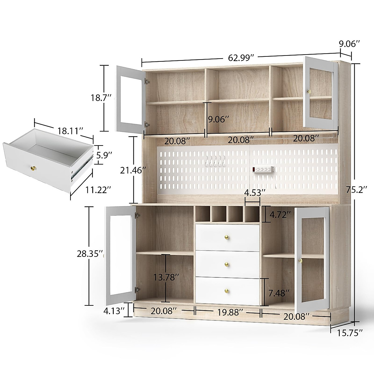 VOWNER Kitchen Hutch Cabinet, Pantry Cabinet, Freestanding Buffet Hutch with Pegboard, Cup Holder, Power Outlet, 4 Doors & 3 Drawers, Cupboard with Microwave Shelf & Wine Racks (Wood Color and White)