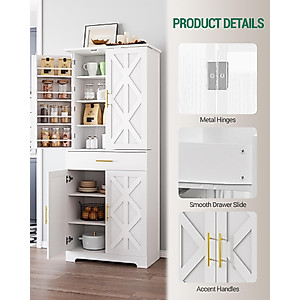 Hzuaneri 72" Kitchen Pantry Storage Cabinet, Tall Pantry Cabinet with Barn Doors & 7 Adjustable Shelves, Drawer, Freestanding Buffet Cupboards Sideboard for Kitchen, Dining Room, White PT02403X
