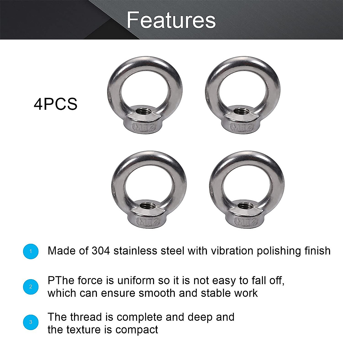 MroMax 4Pcs Lifting Eye Nut M12 Metric Female Thread Ring Shape Nut 304 Stainless Steel Round Shape Fastener Lifting Ring for Rope Fitting Silver