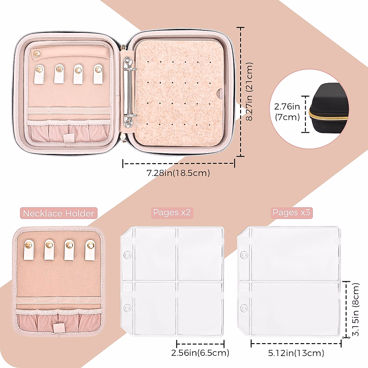 ProCase Medium Travel Jewelry Organizer Case, Jewellery Home Storage Book Ring Binder with Clear Pockets for Presentation, Zippered Pouch Bag for Earrings Necklaces Bracelets -Black