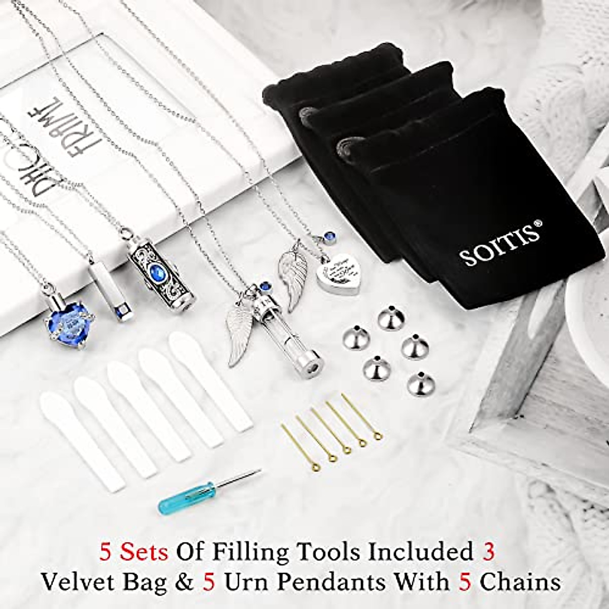 SOITIS 5 Pieces Urn Necklace for Ashes Bar Zircon Crystal Cremation Necklace for Ashes Heart Keepsake Cremation Jewelry Hourglass Ash Necklace for Human Ashes - Dark Blue