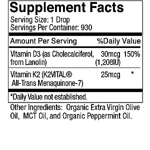 Vitamin D3 with K2 Liquid Drops, All Natural, Non GMO, 1208IU D3 and 25mcg K2 (MK7) Per Serving, Support Your Bones, Immune System and Energy Levels, with or Without Peppermint Oil…