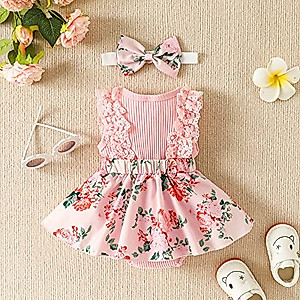 KAFIREN Baby Girl Dresses 6-9 Months Newborn Romper Dress Infant Lace Ruffle Sleeveless Summer Outfits with Headband Pink Flower 6-9 Months 90cm