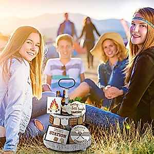 10 Pcs Camping Tiered Tray Decor Set Farmhouse Farm Tiered Tray Decor Wood Sign Camping Party Decorations Campfire Centerpiece Decor Barbecue Camping Decorative Trays Rustic Kitchen Decor (Large)