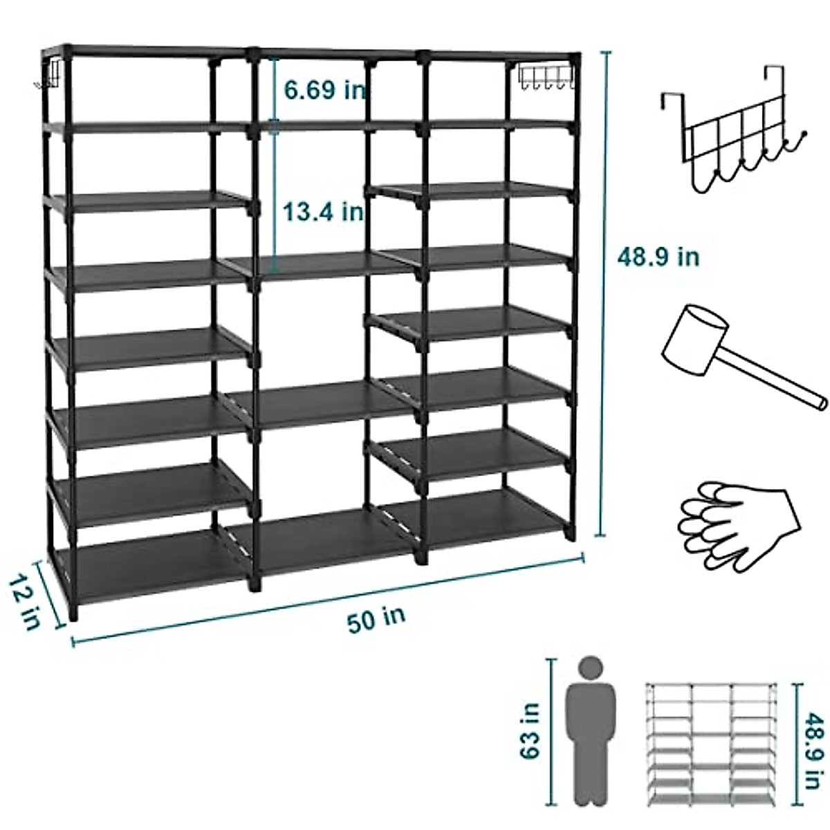 VIZUN 8 Tier Large Shoe Rack Organizer, 45-50 Pair Shoes Boots Storage, Metal Shoe Shelf Closet, Sturdy Heavy Duty Shoe Tower for Entryway Garage Living Room