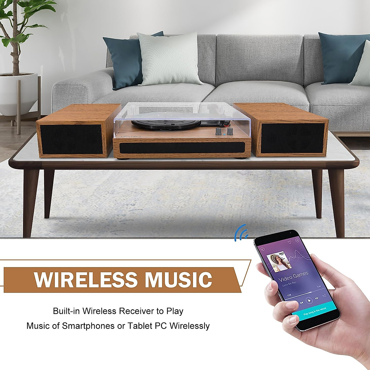 LP&No.1 Record Player, Wireless Turntable with Stereo Bookshelf Speakers,Vinyl Record Player,Support Wireless,Auto-Stop.(Yellow Wood)