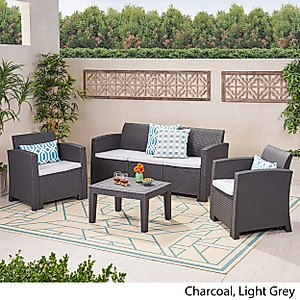 Christopher Knight Home Jacksonville Outdoor Faux Wicker Rattan Style Chat Set with Water Resistant Cushions, 4-Pcs Set, Charcoal / Light Grey