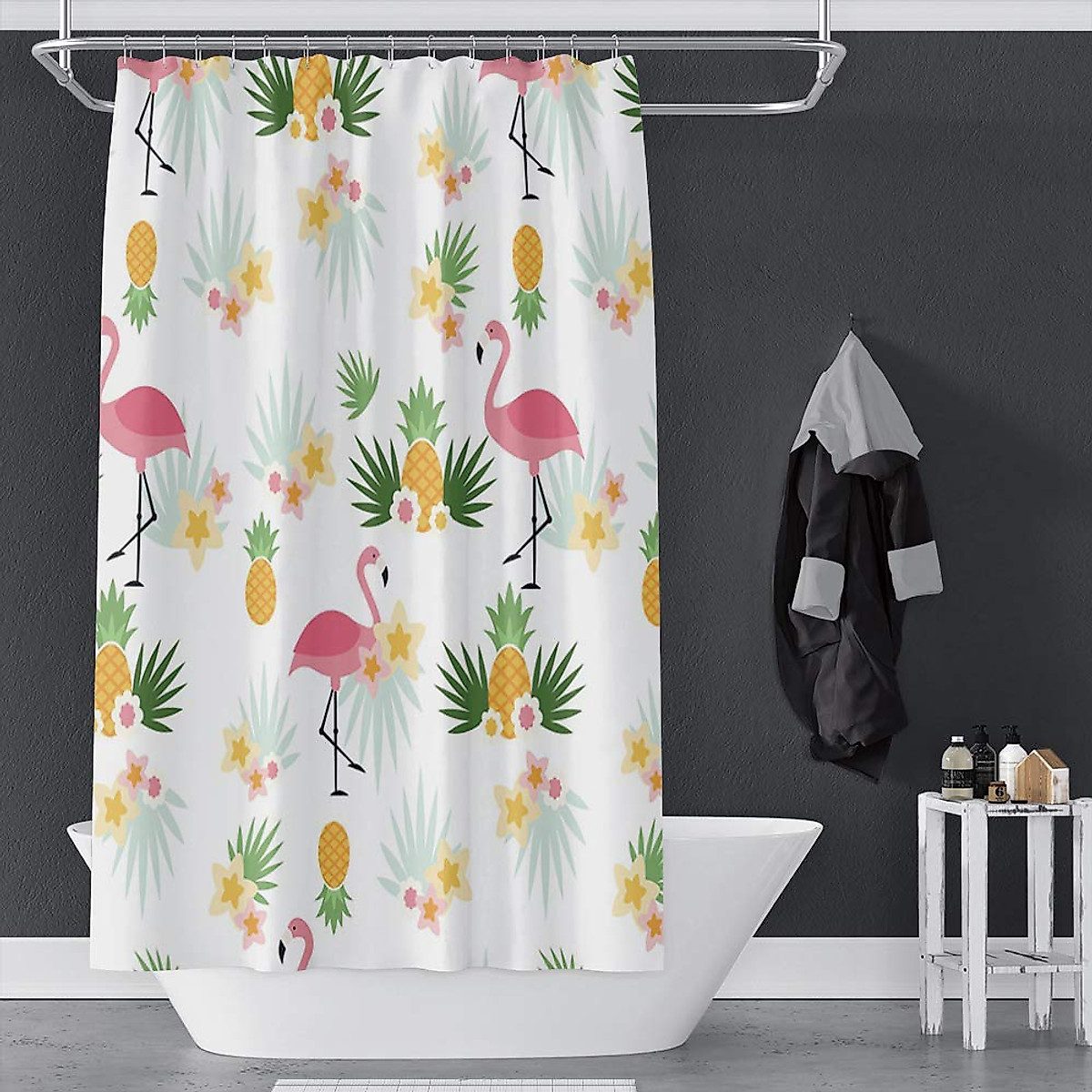OERJU Flamingo Shower Curtain for Bathroom Flamingo Pineapple Floral Shower Curtains Waterproof Polyester Fabric Bathtub Bathroom Decor Set with Hooks Machine Washable 71x71inch