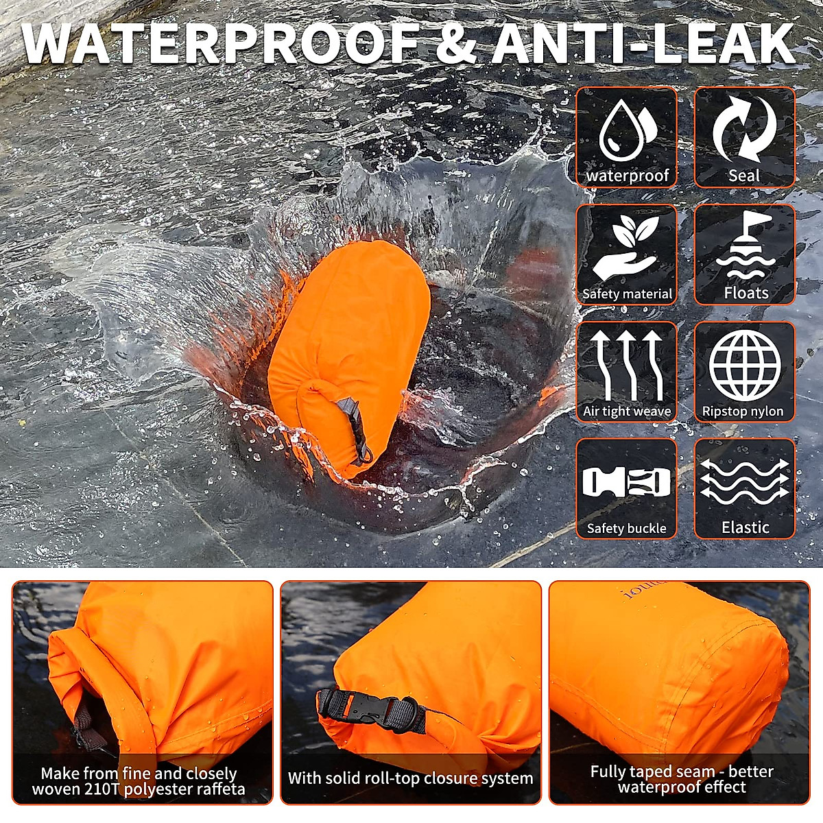 R2Depot Waterproof Dry Bag, 5L/10L/20L/40L/70L Dry Storage Bag for Kayaking, Gym, Hiking, Swimming (Orange, 20L)