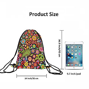 Beabes Peace Drawstring Bags Backpack Bag Sign Symbol Love Hippie Colorful Floral Butterfly Paisley Heart Leaf Sport Gym Sack Drawstring Bag String Bag Yoga Bag for Men Women