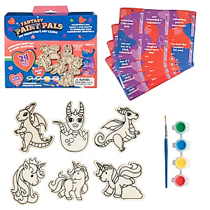 Valentines Cards for Kids Classroom -Dragon & Unicorn Wood Painting Kits (24ct)-Great Valentine's Day Gifts for Kids School Exchange -Each Valentine has Craft, Paints, Brush & Sticker for Boys & Girls