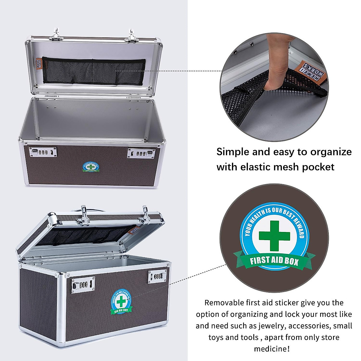 HEWEI WORKS Locking Box with Portable Storage Case, 14.2''x 7.2''x 8.2''，Childproof Medication Lock Organizer, Lockbox for Documents & Valuables (Coffee/Large)