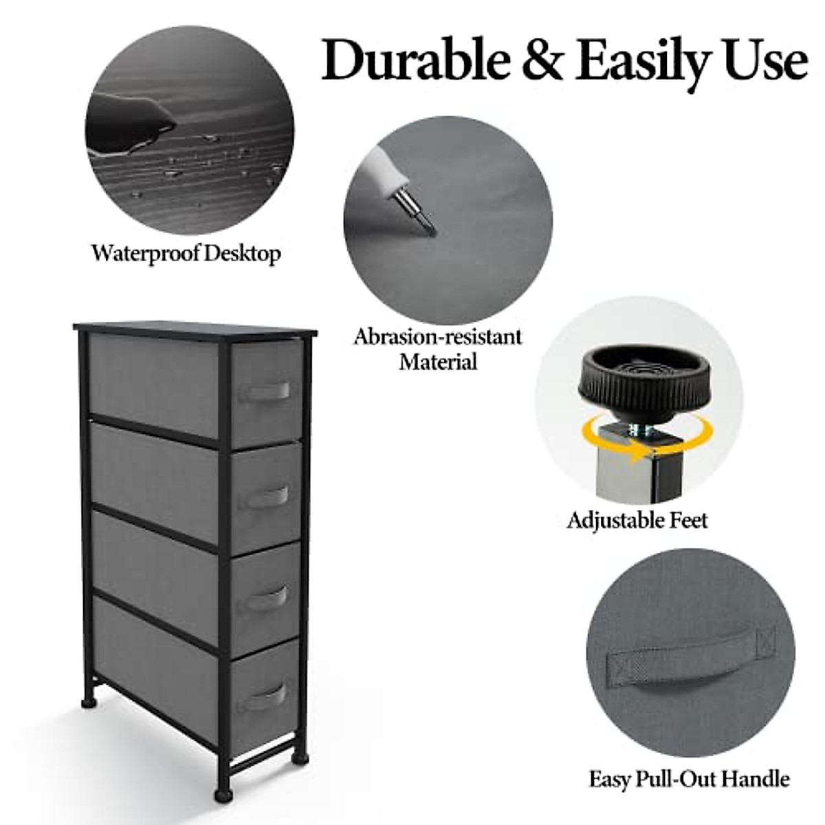 Sehloran Narrow Dresser Storage Tower Stand with 4 Removable Slim Fabric Drawer, Chests of Drawers, Dresser Organizers Unit for Bedroom, Entryway, Closets, Wood Top, Gray