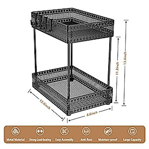 Under Sink Organizers and Storage, Metal Bathroom Organizers Countertop with 4 Hooks, 2 Tiers Under Cabinet Organziers and Storage, Under Kitchen Sink Organizers and Storage with 4 Non-Slip Feet