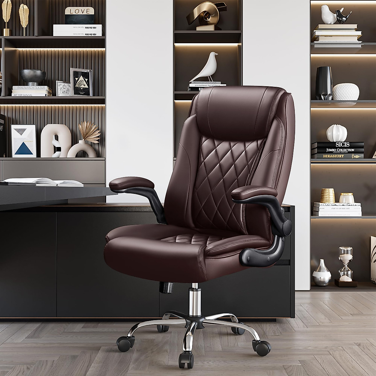 Shahoo Executive Office Chair, Ergonomic High Back with Adjustable Flip-up Armrest, Swivel Leather-Papped Seats with Lumbar Support, Brown