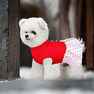 SAWMONG Dog Sweater Dress, Turtleneck Dog Sweater with Cute Bowknot, Doggie Knitwear Pullover with Leash Hole, Puppy Princess Dress Winter Clothes for Female Girl Doggy and Cats, Large