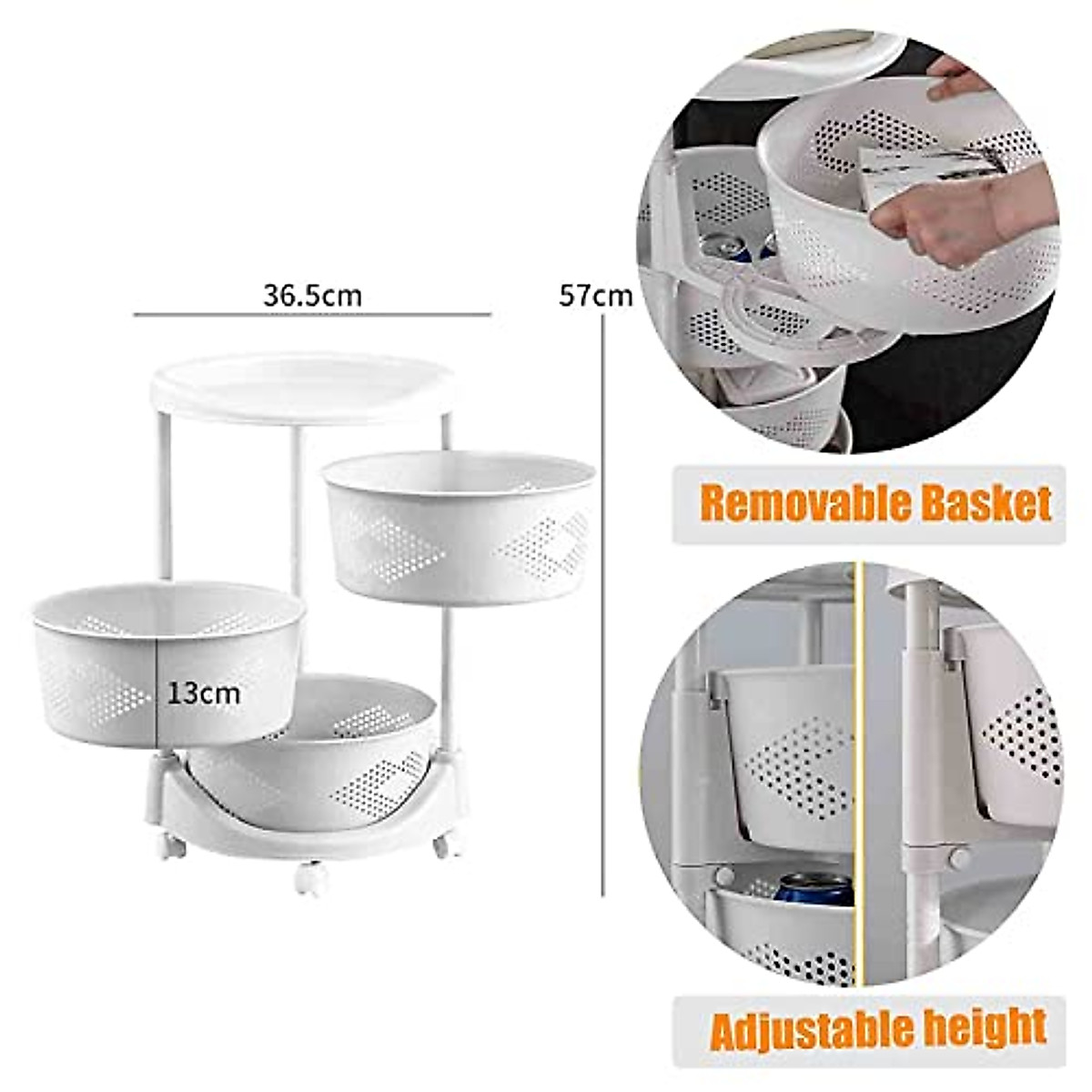 Multi-Layer Kitchen Storage Rack, Detachable Breathable Rotating Fruit Vegetable Organizer, with Lockable Casters, for Kitchen Bedroom, Bathroom,3 Tier