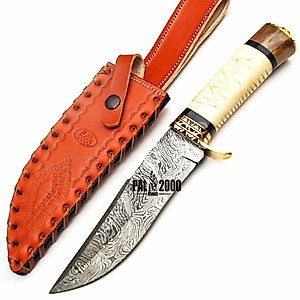 PAL 2000 KNIVES BOW-9482 Handmade Damascus Steel Fixed Blade Hunting Knife Camel Bone Handle with Sheath