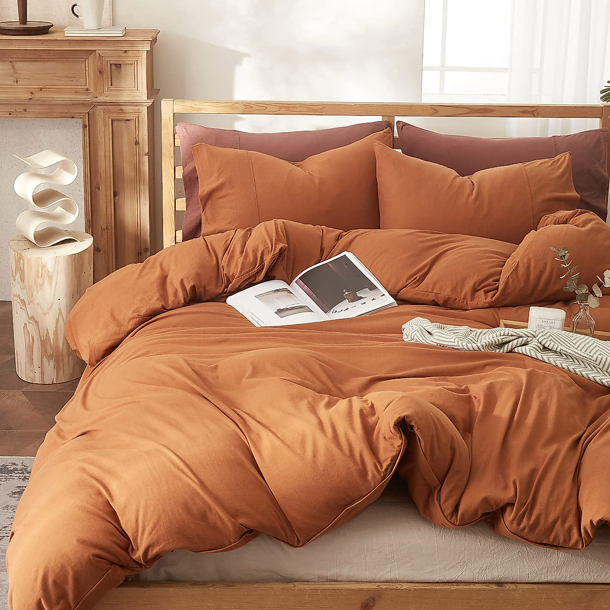 MKXI Pumpkin Duvet Cover Burnt Orange Fall Beddings Queen Comforter Cover Set Terracotta Bed Cover Breathable Jersey Cotton Bedding Collection Easy Care Solid Color Adults Bedding Set 3 Piece