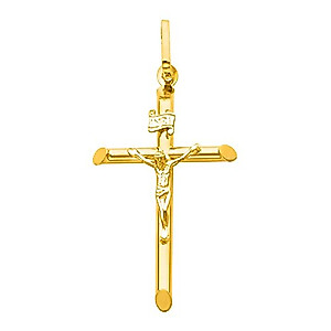 The World Jewelry Center 14k REAL Yellow Gold Crucifix Cross Pendant with 2mm Figaro Chain Necklace - 22"